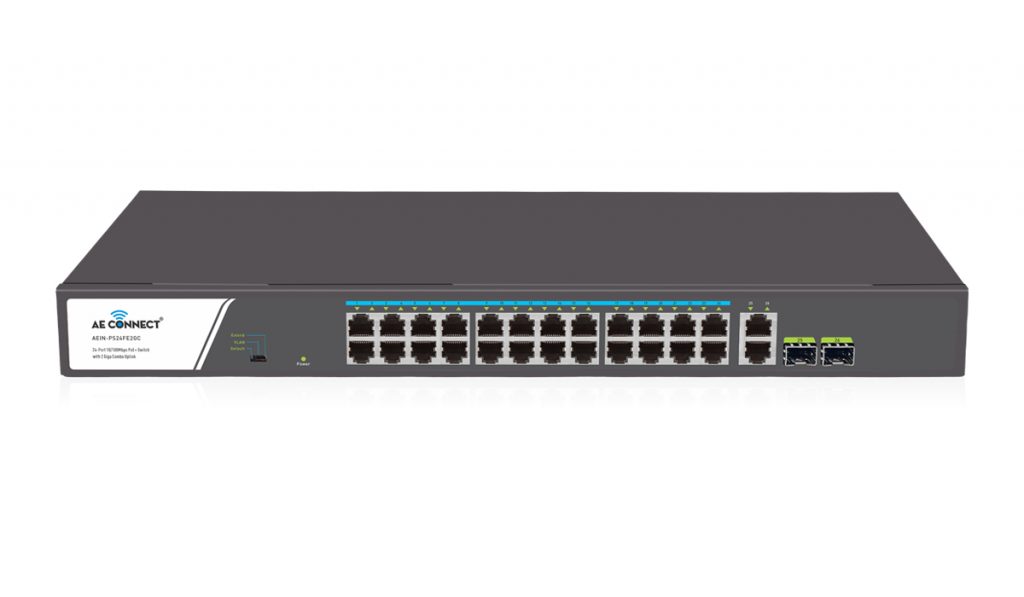 24 port PoE switch - 24×10/100 PoE+, 250 W, 2 SFP uplinks